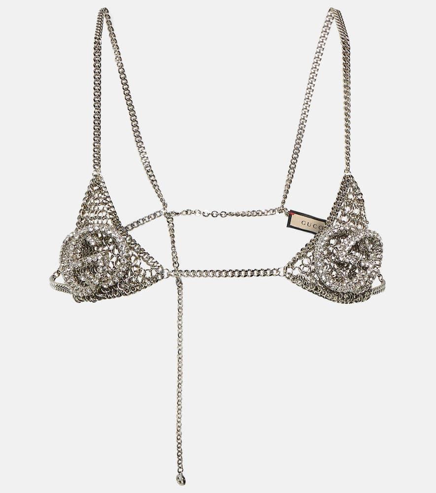 Gucci Interlocking G Embellished Chain Bra in Metallic | Lyst