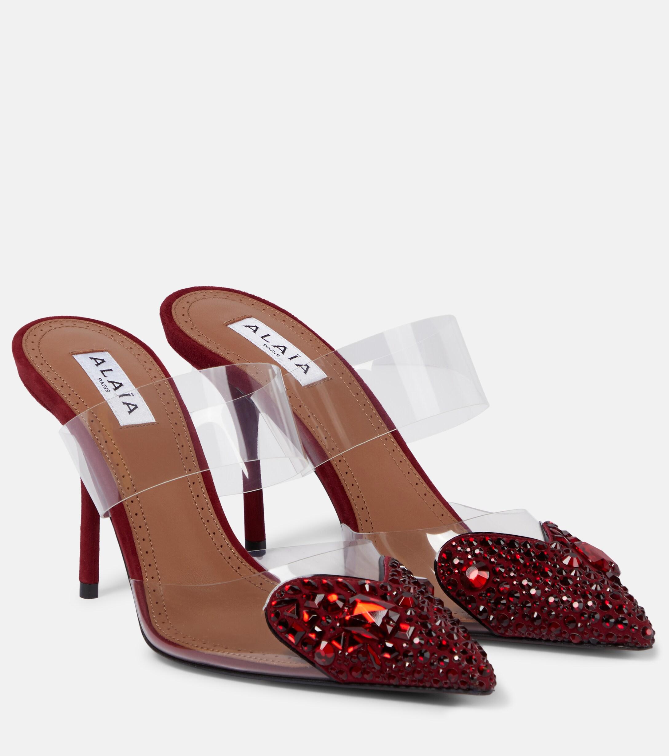 Alaïa Alaia Embellished Pu And Suede Mules in Red | Lyst Canada
