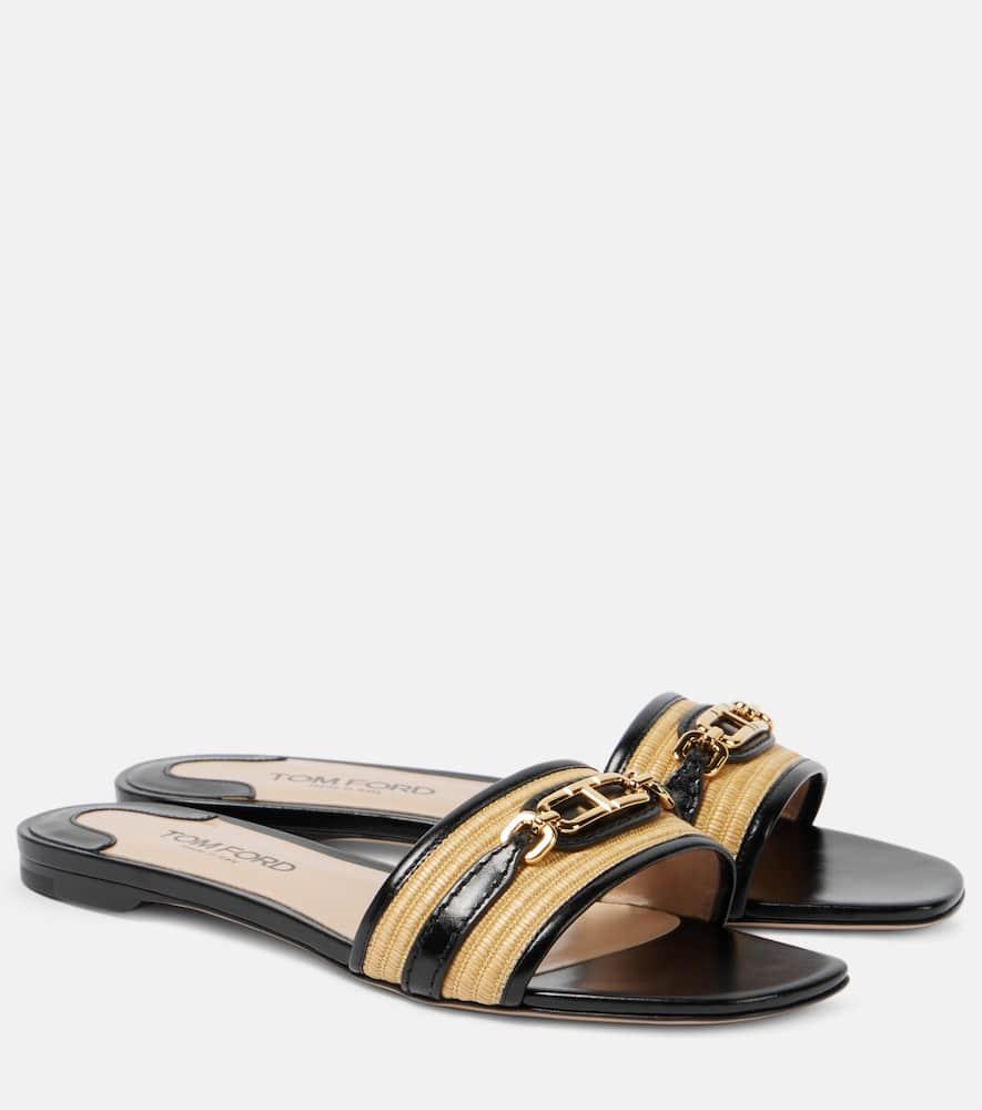 Tom Ford Whitney Leather And Raffia Slides in Natural | Lyst