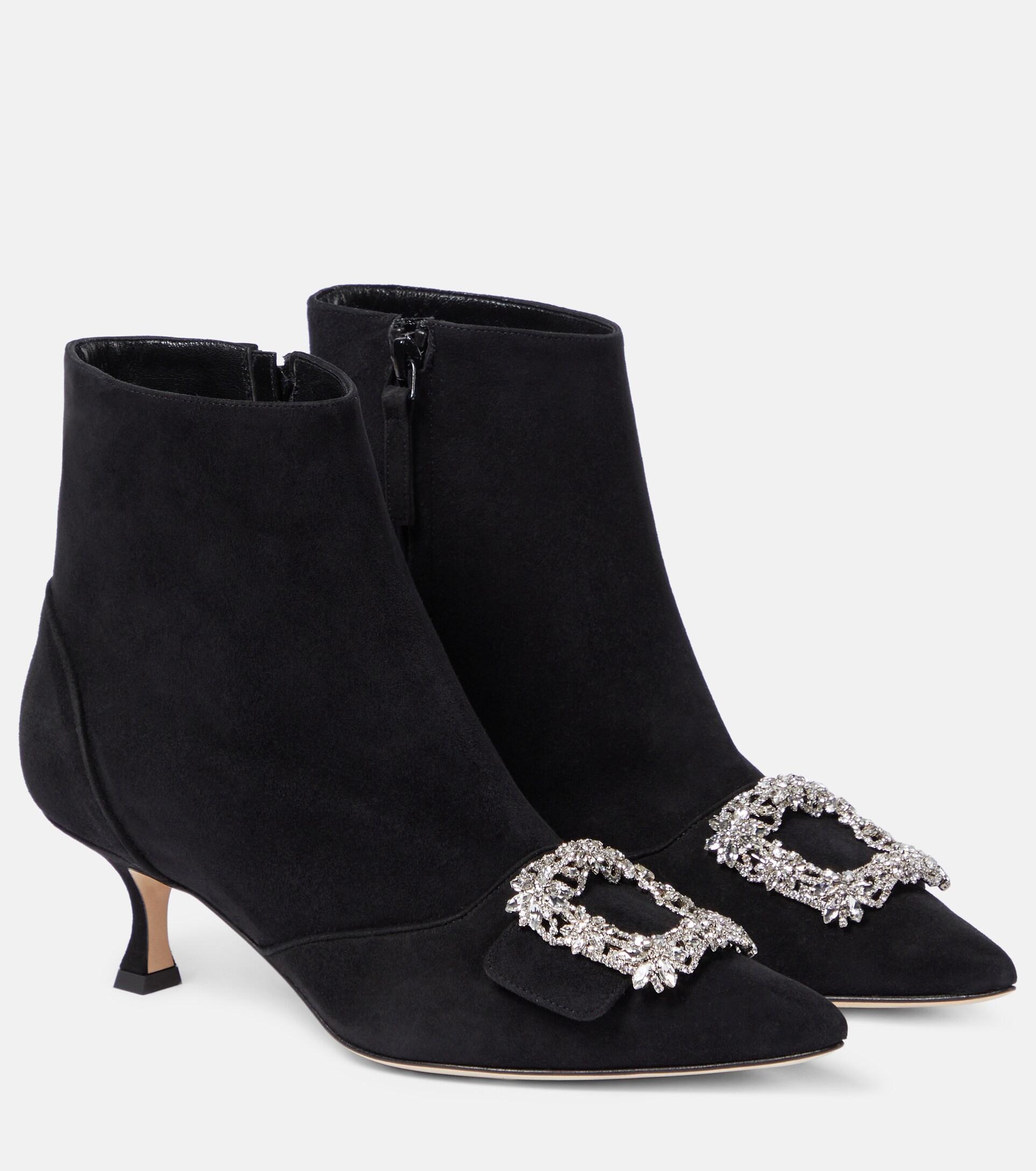 Manolo Blahnik Baylow Embellished Suede Ankle Boots in Black | Lyst