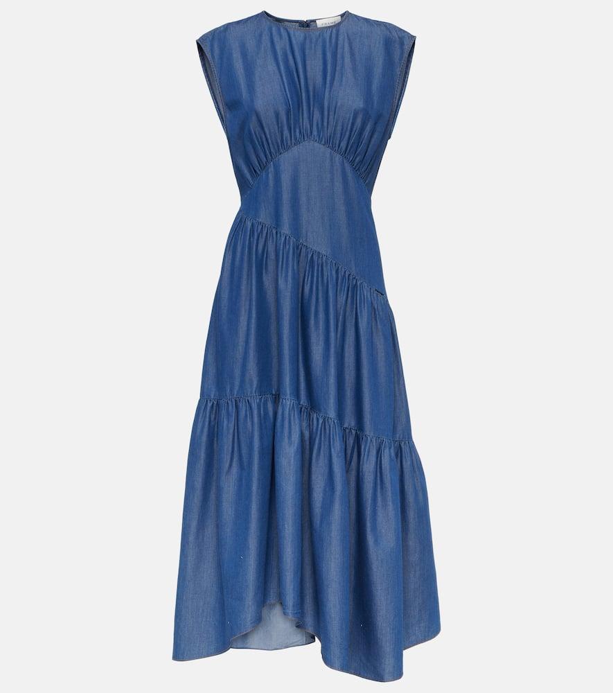 FRAME Gathered Tiered Denim Midi Dress in Blue | Lyst