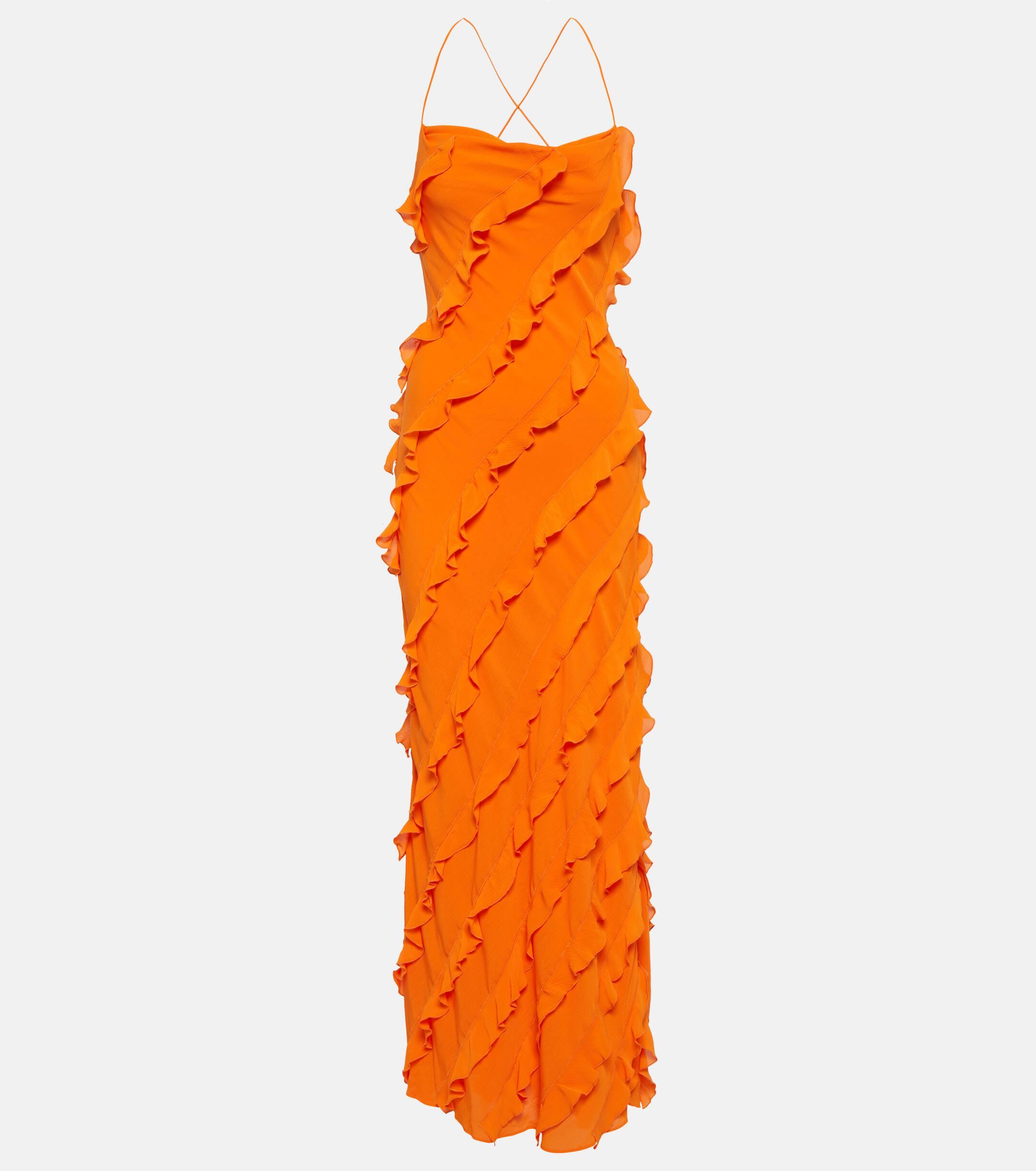 STAUD Ruffle-trimmed Crepe Maxi Dress in Orange | Lyst Canada