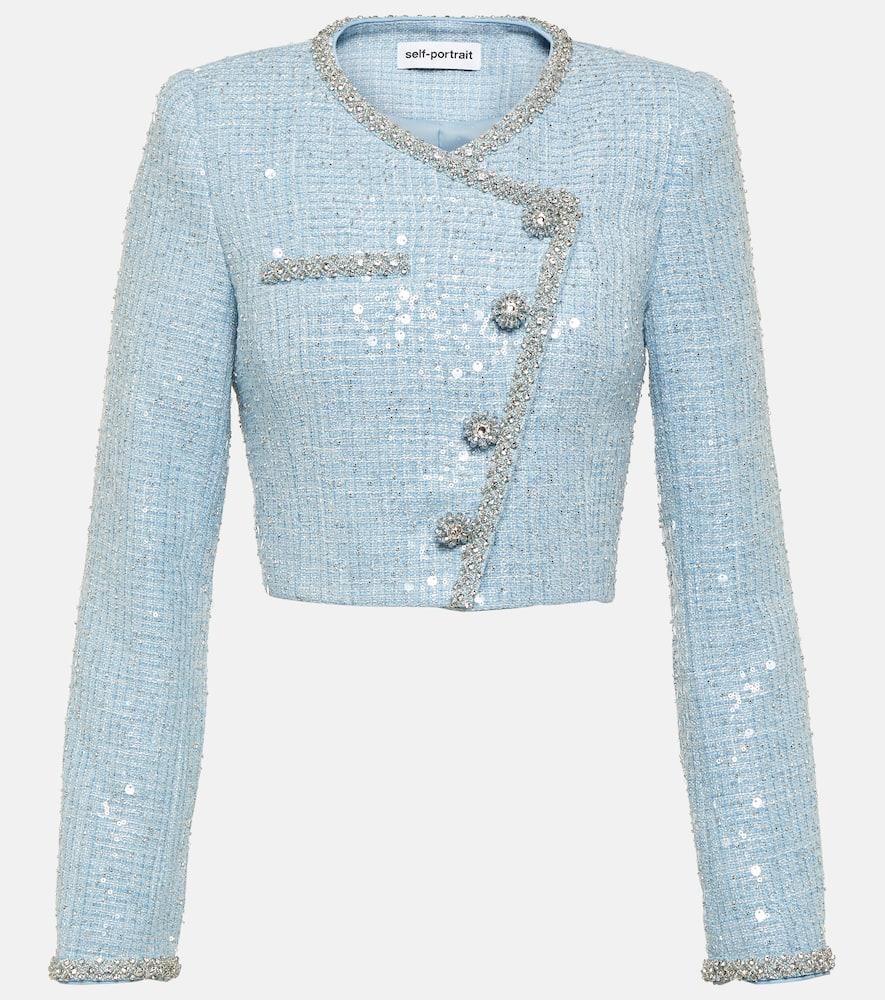 Self-Portrait Cropped Sequin Boucle Blazer in Blue | Lyst UK