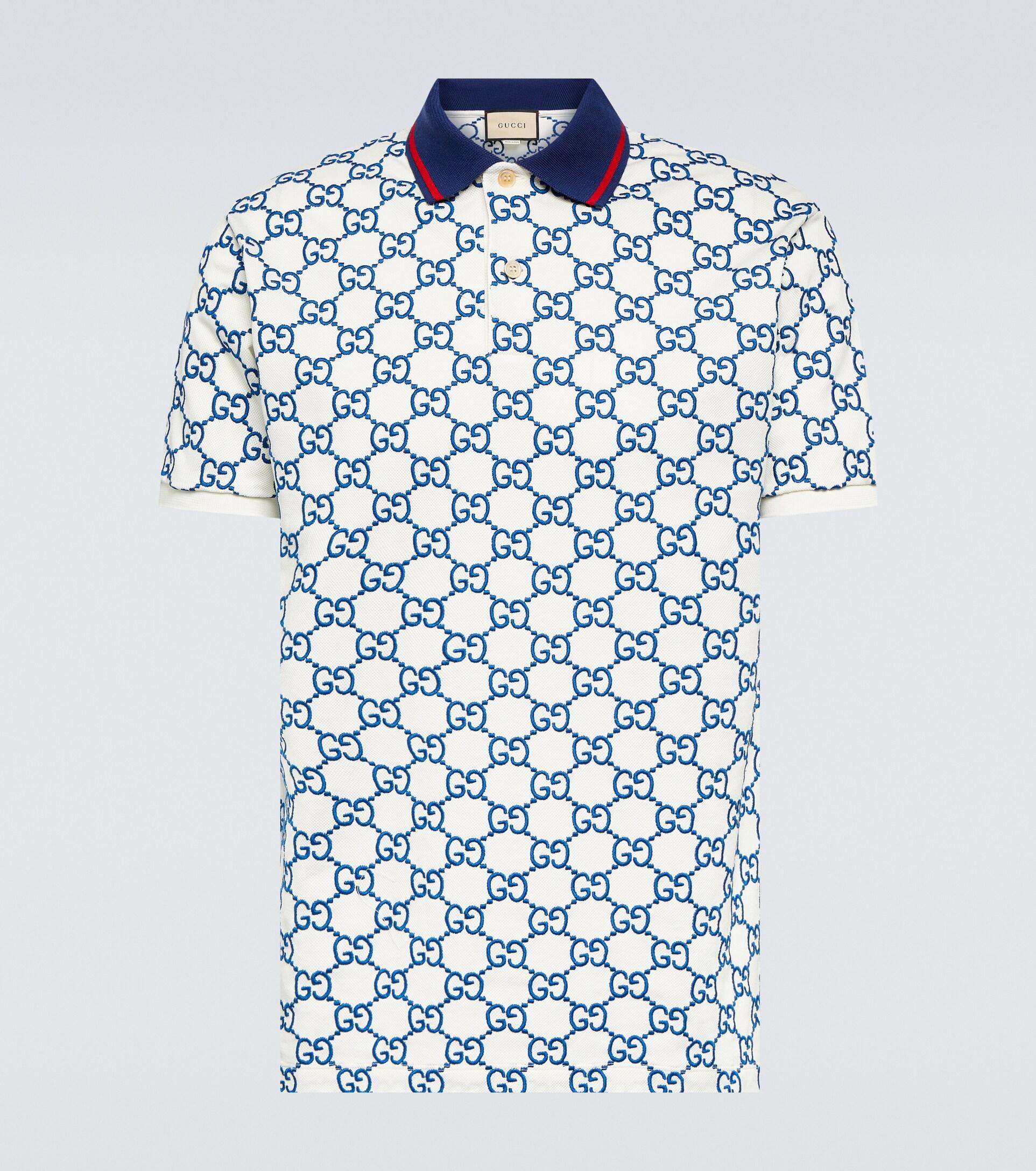 Gucci Monogram Contrast-collar Stretch-cotton Piqué Polo Shirt in Blue ...