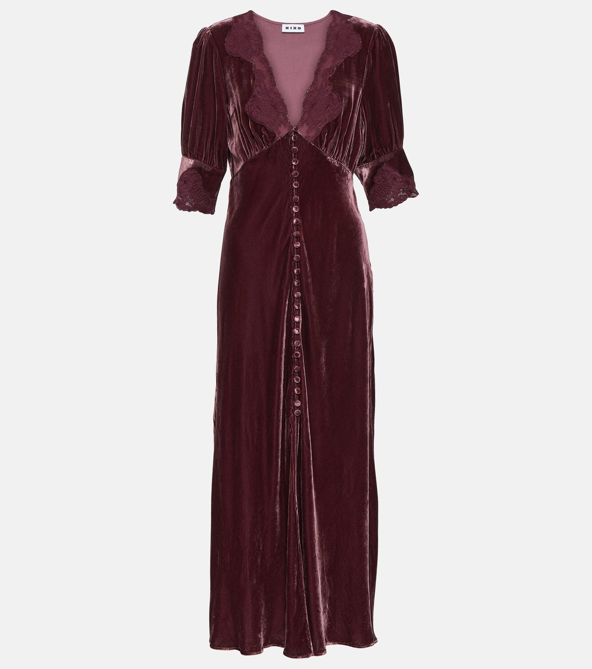 RIXO London Lace-trimmed Velvet Maxi Dress in Purple | Lyst
