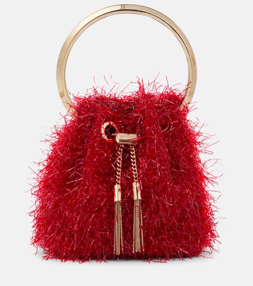 Jimmy Choo Bon Bon Mini Tinsel-Embellished Bucket Bag in Red | Lyst