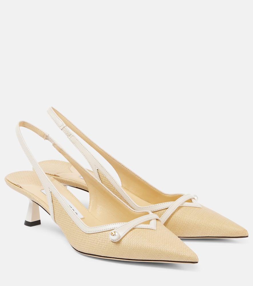 Jimmy Choo Amita 45 Leather-trimmed Raffia Slingback Pumps in Natural | Lyst