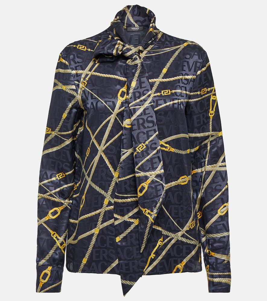 Versace Greca Nautical Tie-Neck Blouse in Blue | Lyst