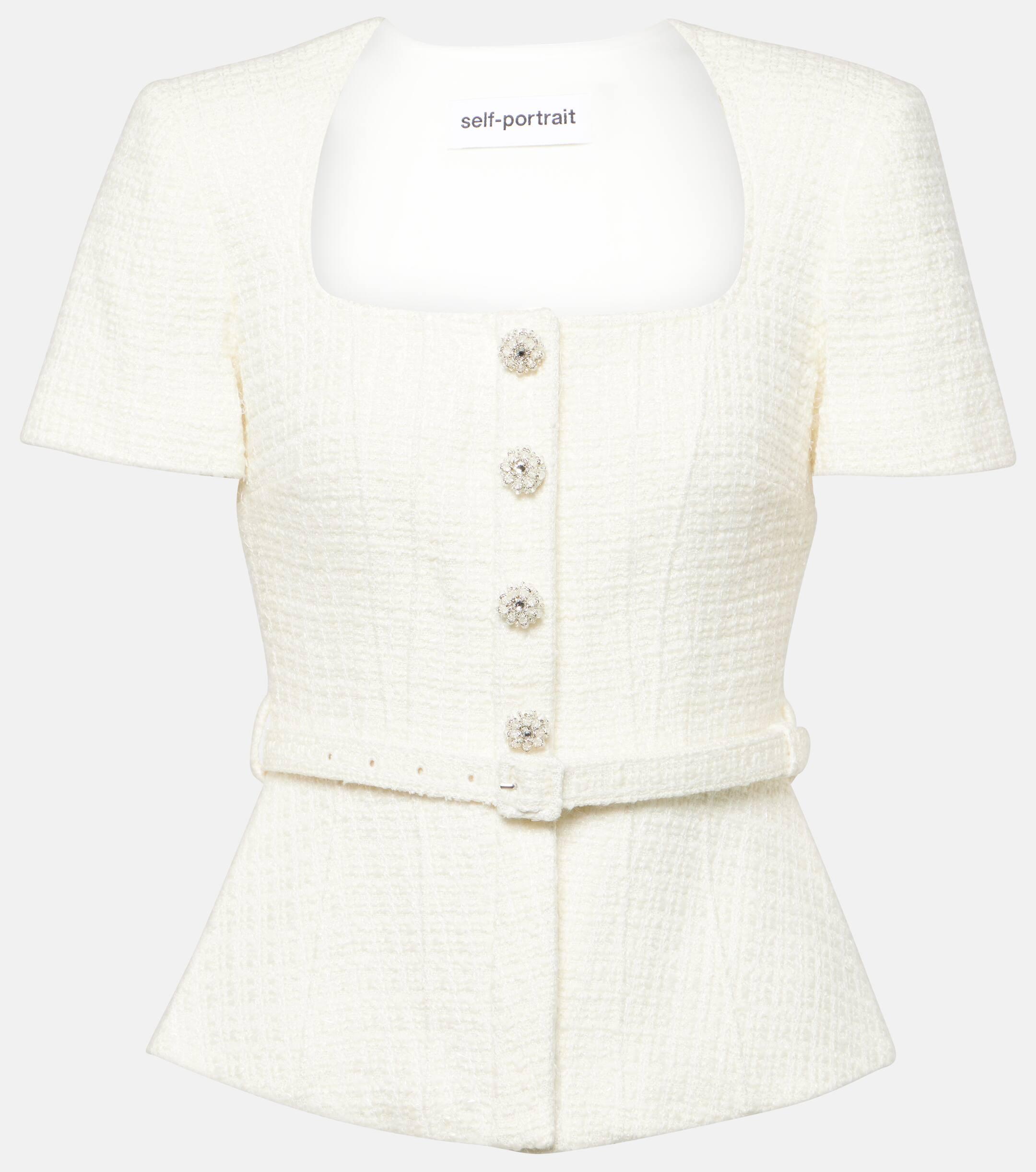Self-Portrait Boucle Top in White | Lyst UK