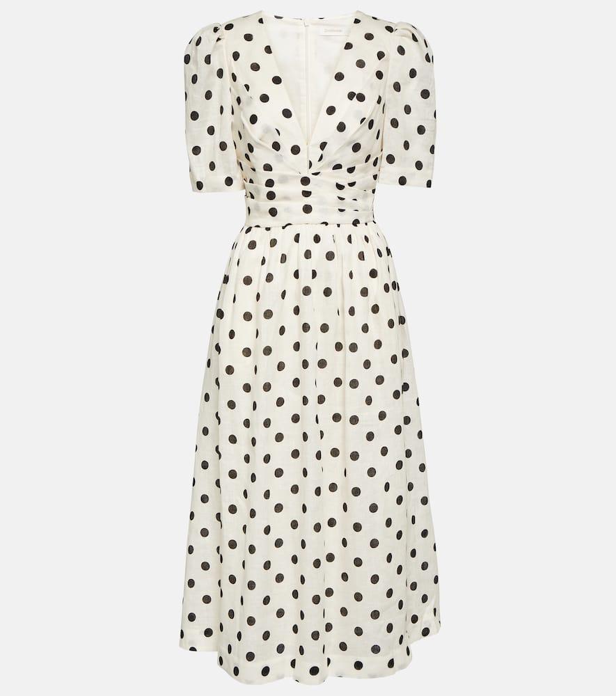 Zimmermann Polka-dot Linen Midi Dress in White | Lyst