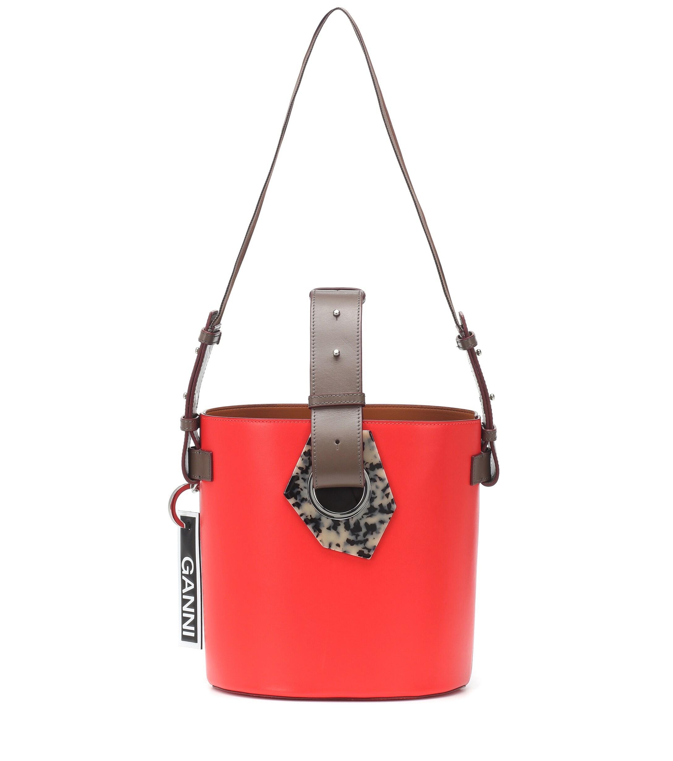 Ganni Leather Bucket Bag in Red - Lyst