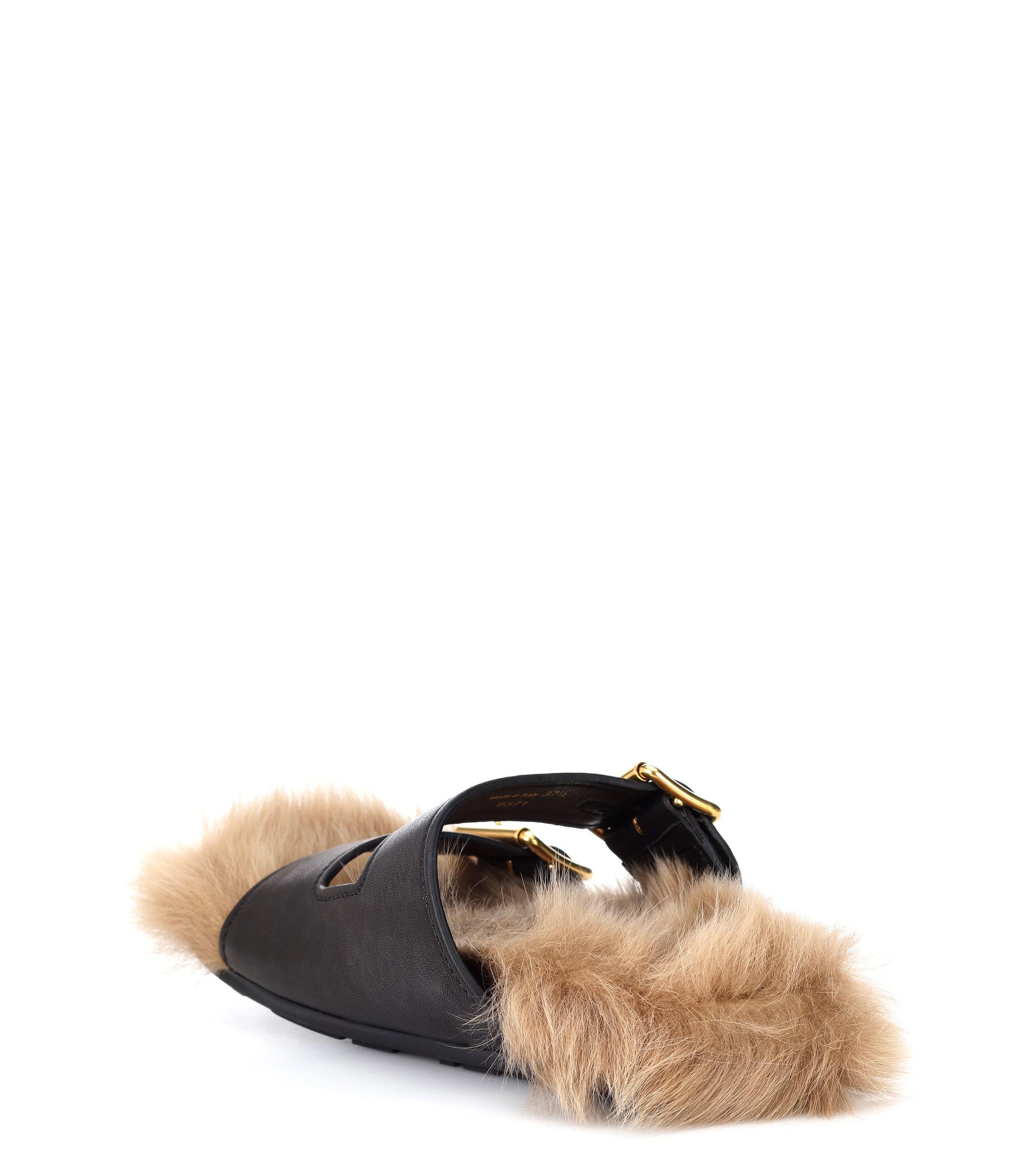 Prada Fur-lined Leather Sandals in Black - Lyst