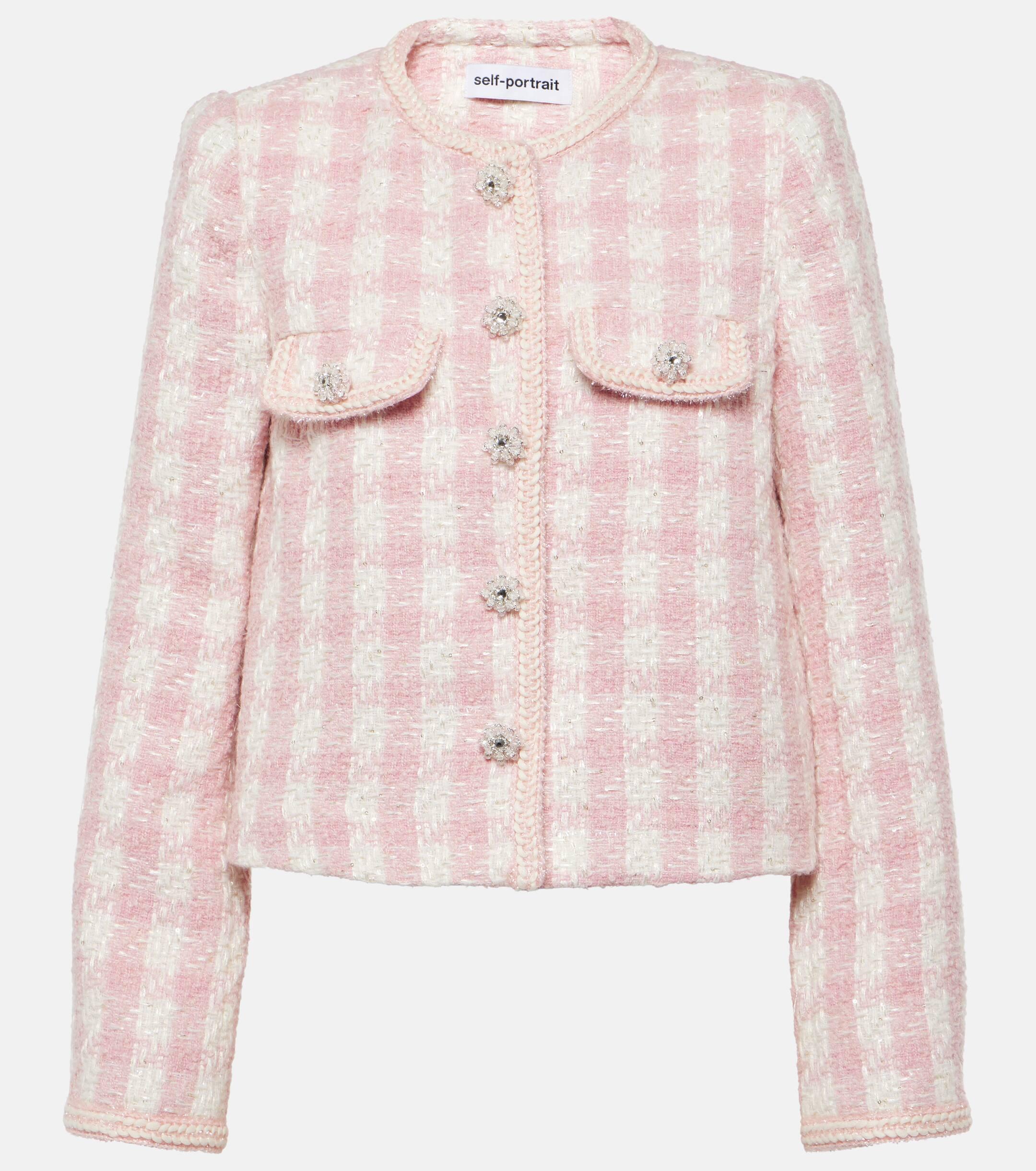 Self-Portrait Bouclé-texture Chest-pocket Woven Jacket in Pink | Lyst ...