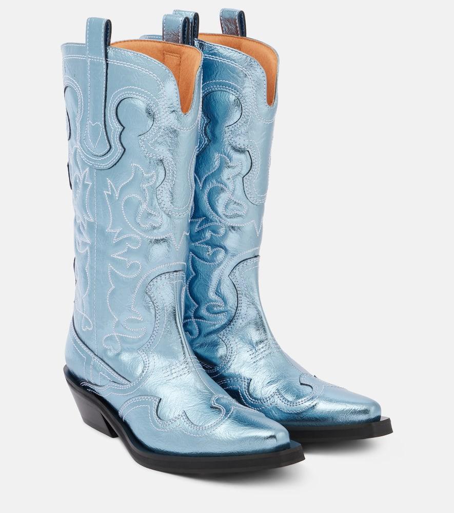 Ganni Embroidered Metallic Cowboy Boots in Blue | Lyst