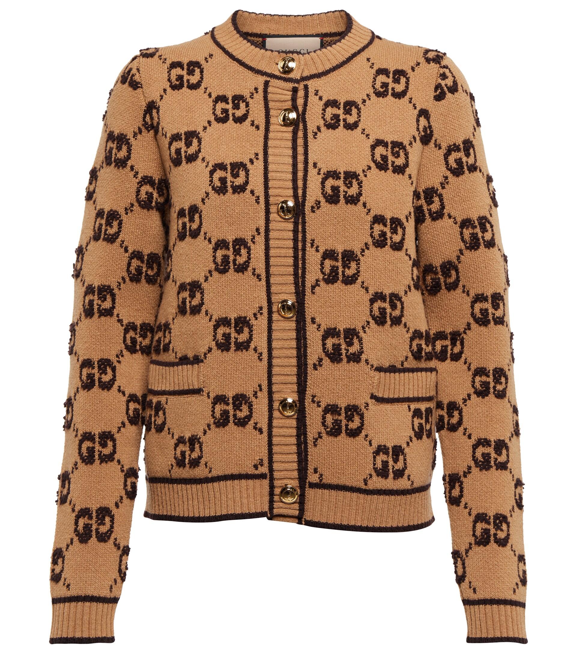 Gucci Gg Jacquard Wool Boucle Cardigan In Brown Lyst