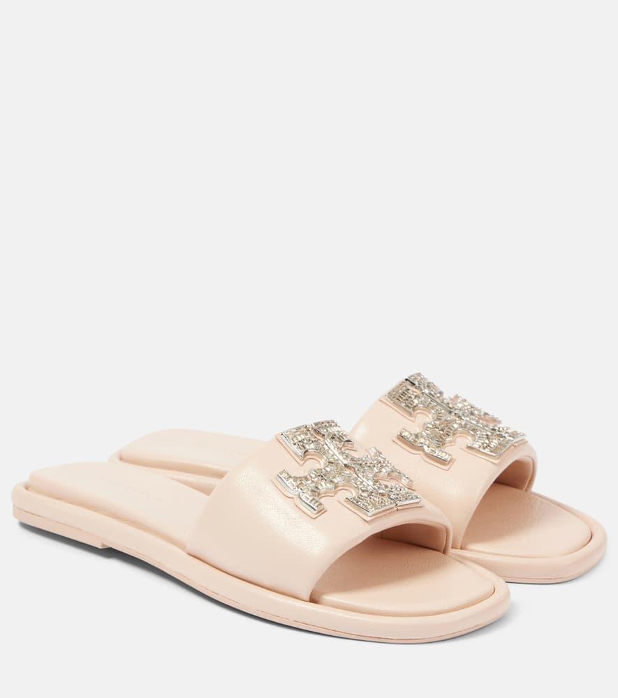 Tory Burch Double T Embellished Leather Slides in Natural | Lyst
