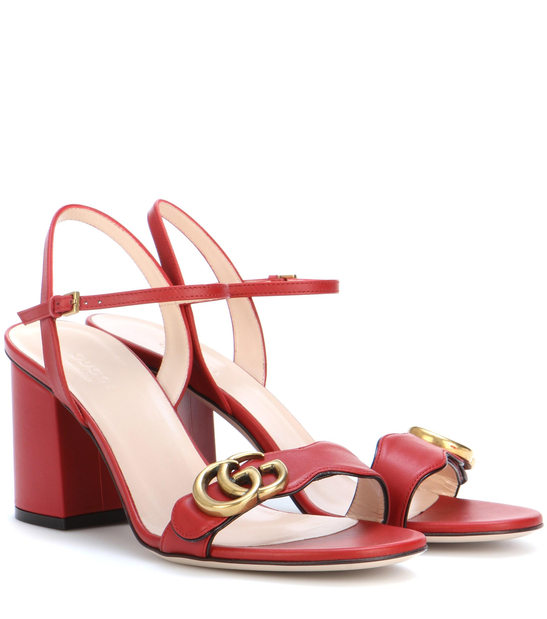 Gucci Leather Double G Heeled Sandals in Red | Lyst