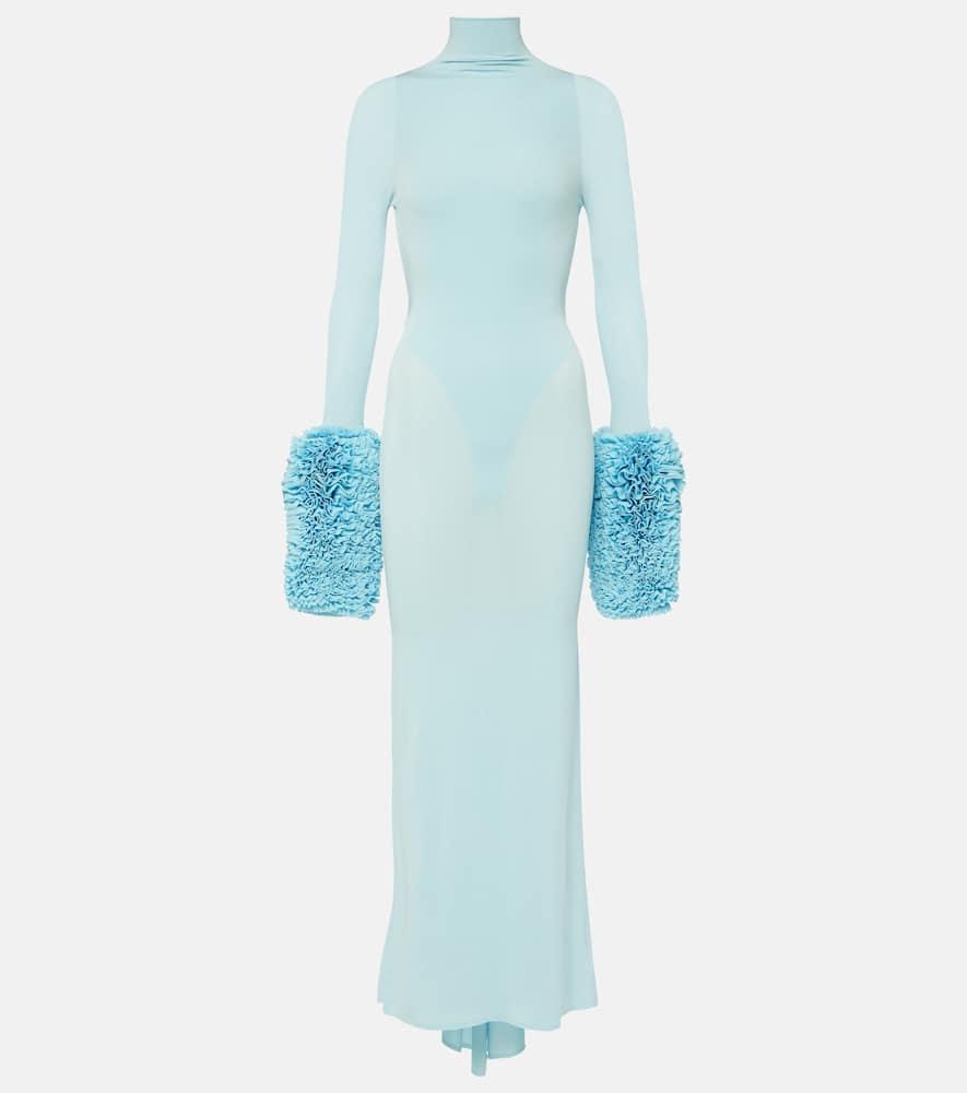 Alaïa Ruffled Turtleneck Maxi Dress in Blue | Lyst