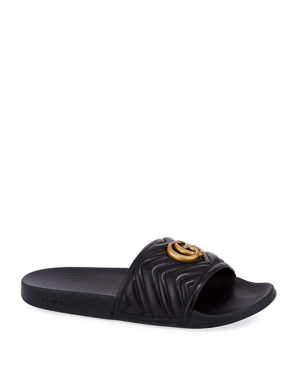 Gucci Pursuit Flat Leather Slide Sandals in Black - Lyst