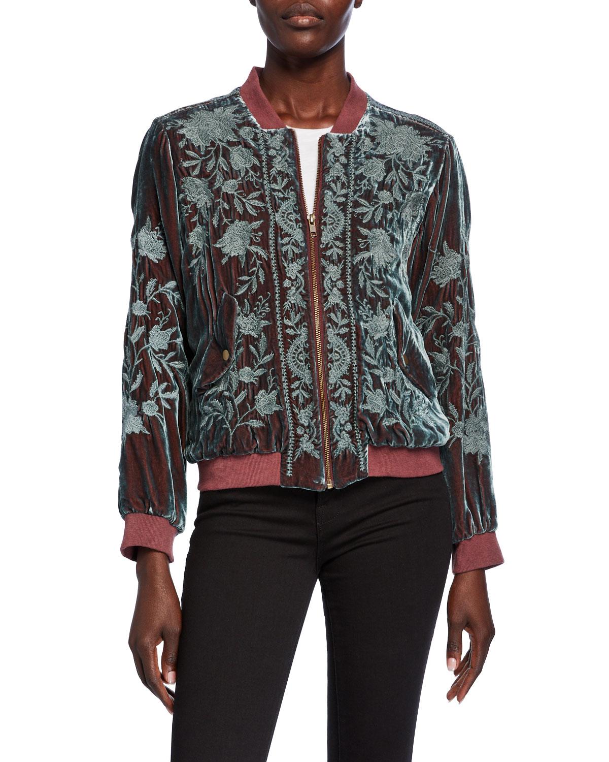 Johnny Was Christina Embroidered Velvet Bomber Jacket in Blue - Lyst