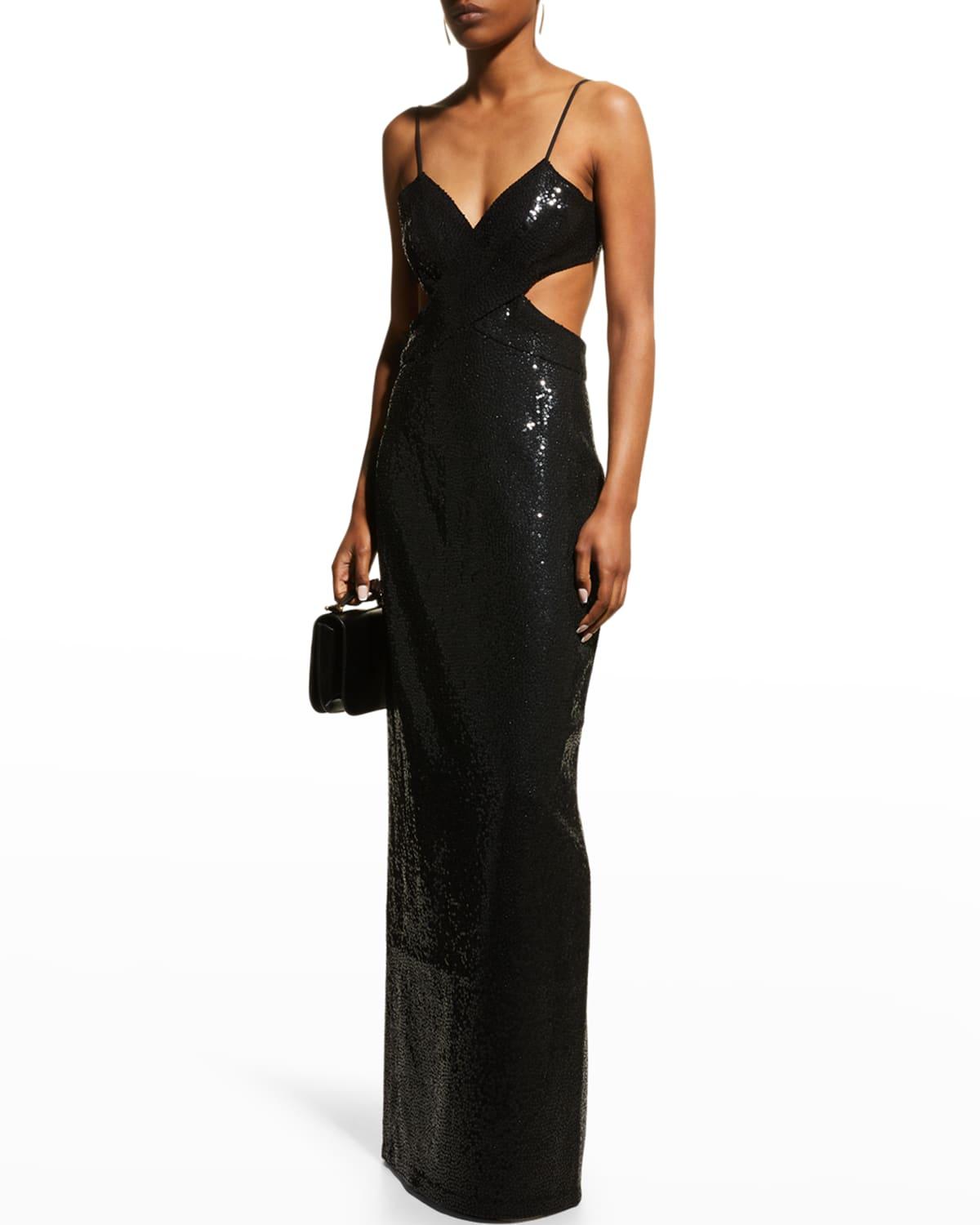 Michael Kors Sequin Embellished Crossover Cutout Column Gown In Black