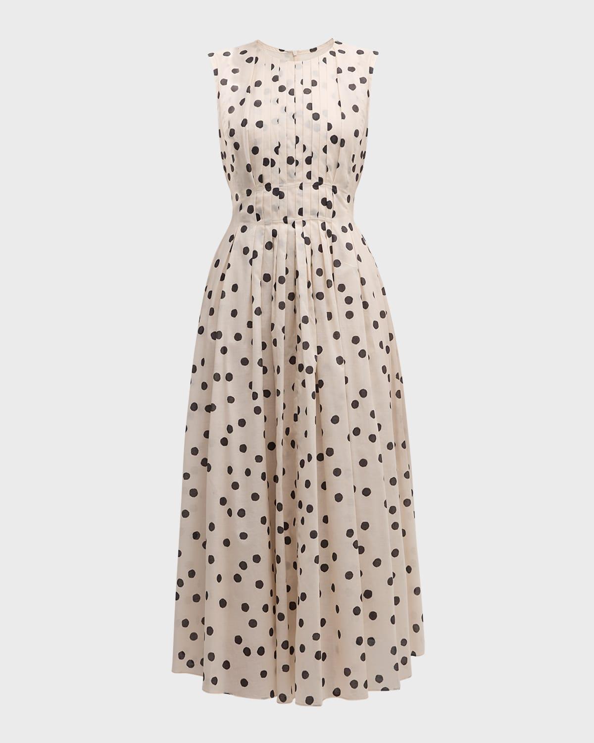 Max Mara Carol Polka-Dot Sleeveless Pleated Midi Dress in White | Lyst