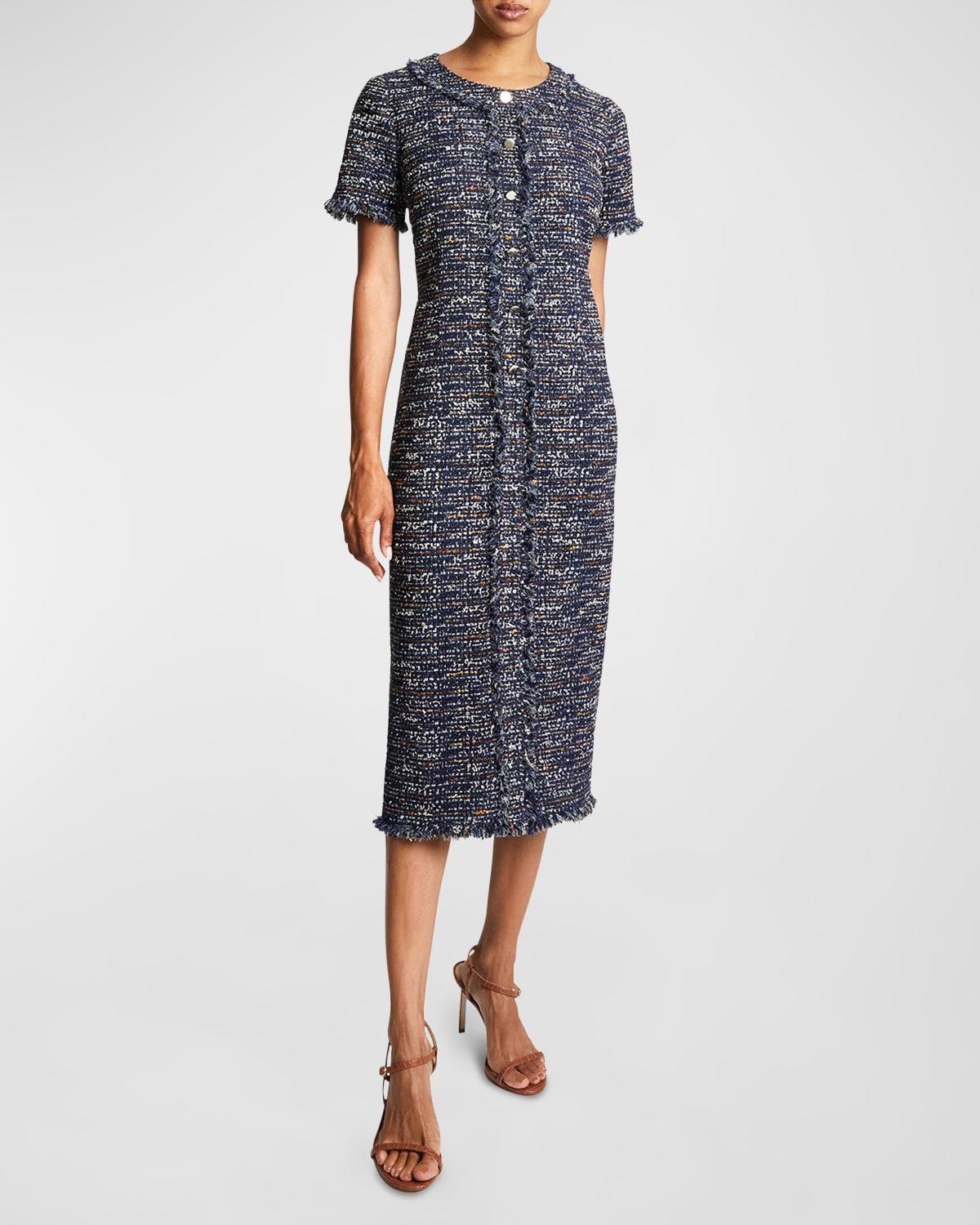Santorelli Cass Fringe Trim Tweed Sheath Dress In Blue Lyst