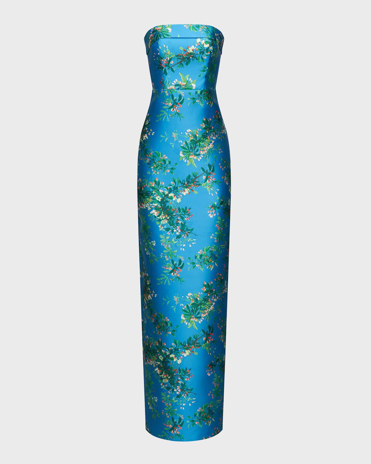 THEIA Cleo Strapless Floral Column Gown in Blue | Lyst
