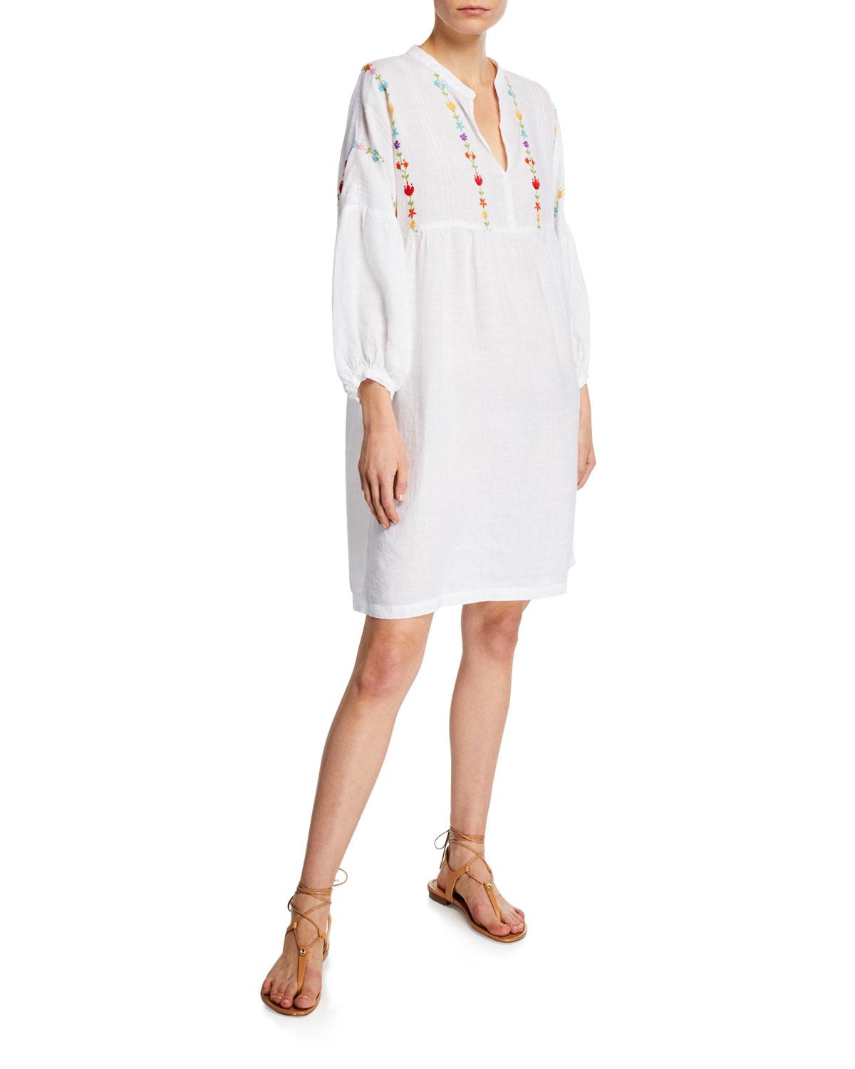 120 Lino Linen Floral Embroidered 3 4 Sleeve Dress In White Lyst