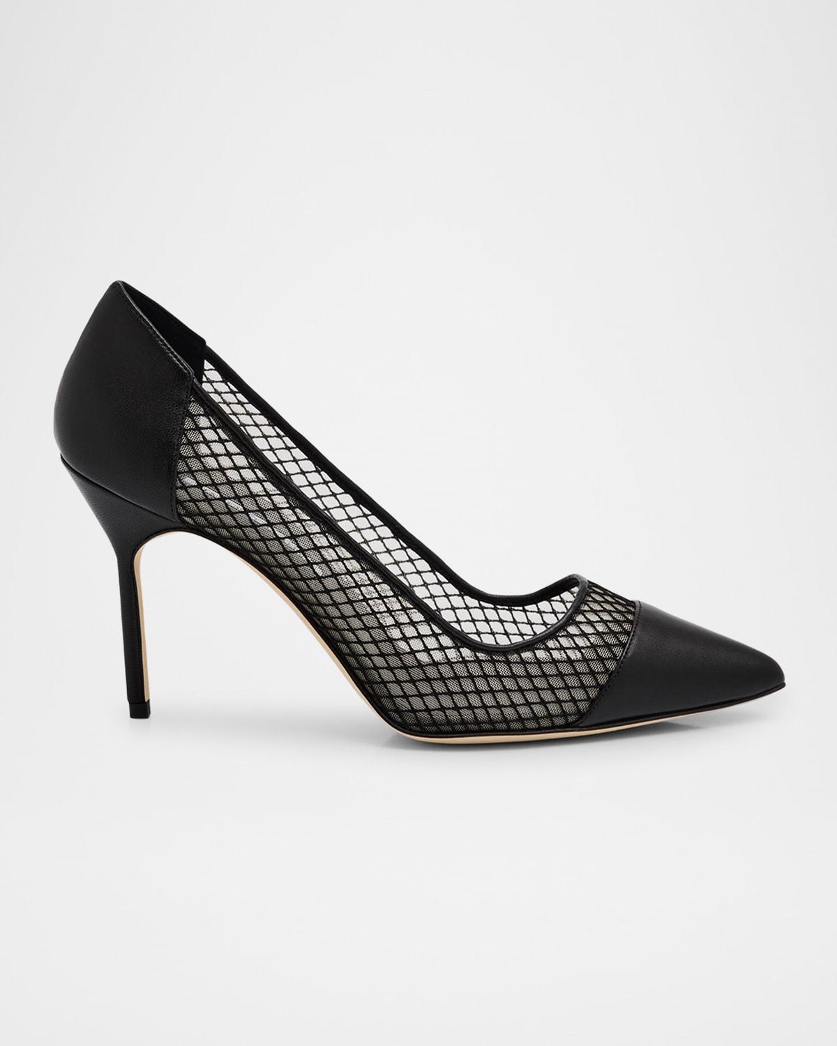 Manolo Blahnik Capcour Net Leather Cap-Toe Pumps in Black | Lyst