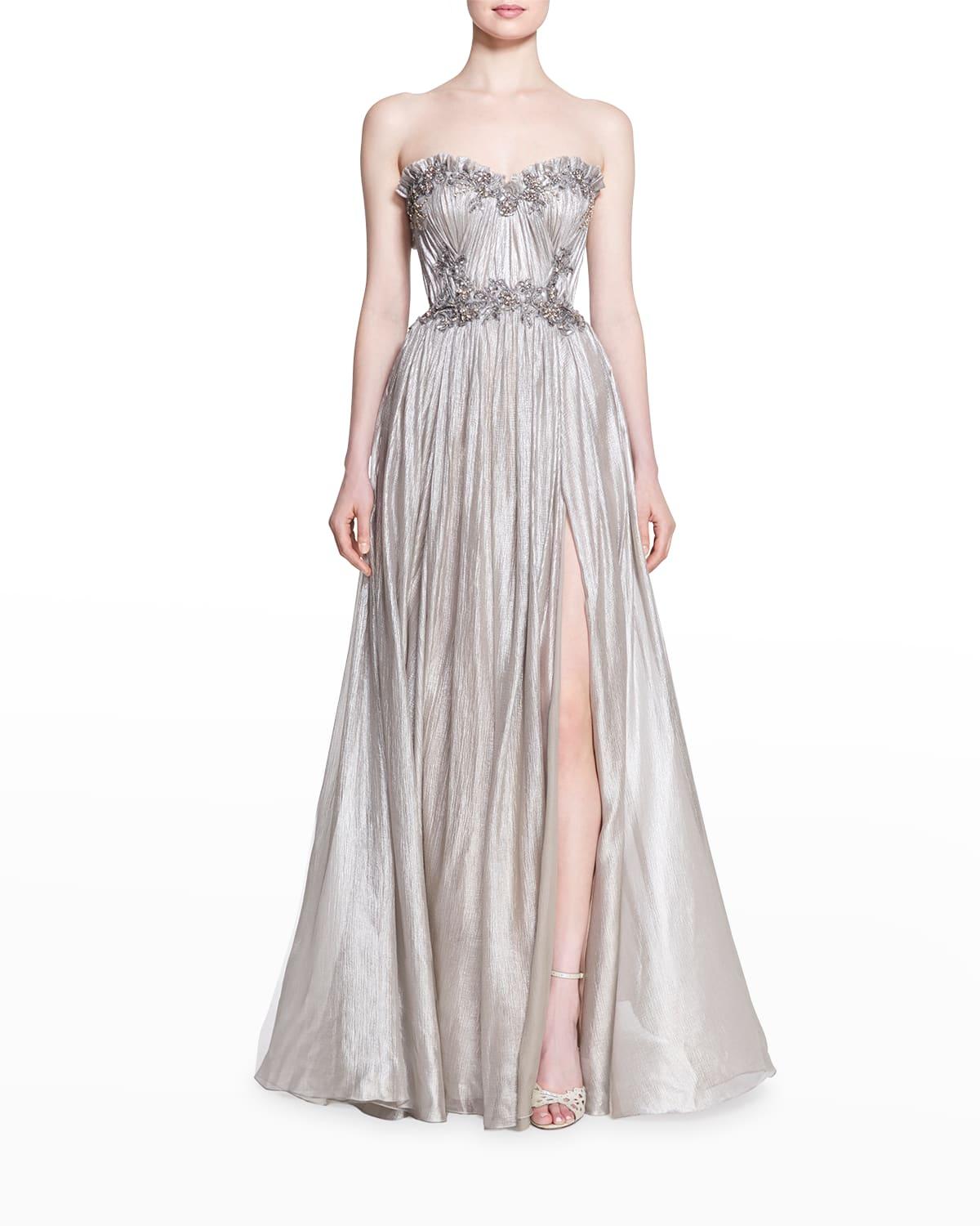 Marchesa Strapless Crystal Embellished Metallic Chiffon Gown | Lyst