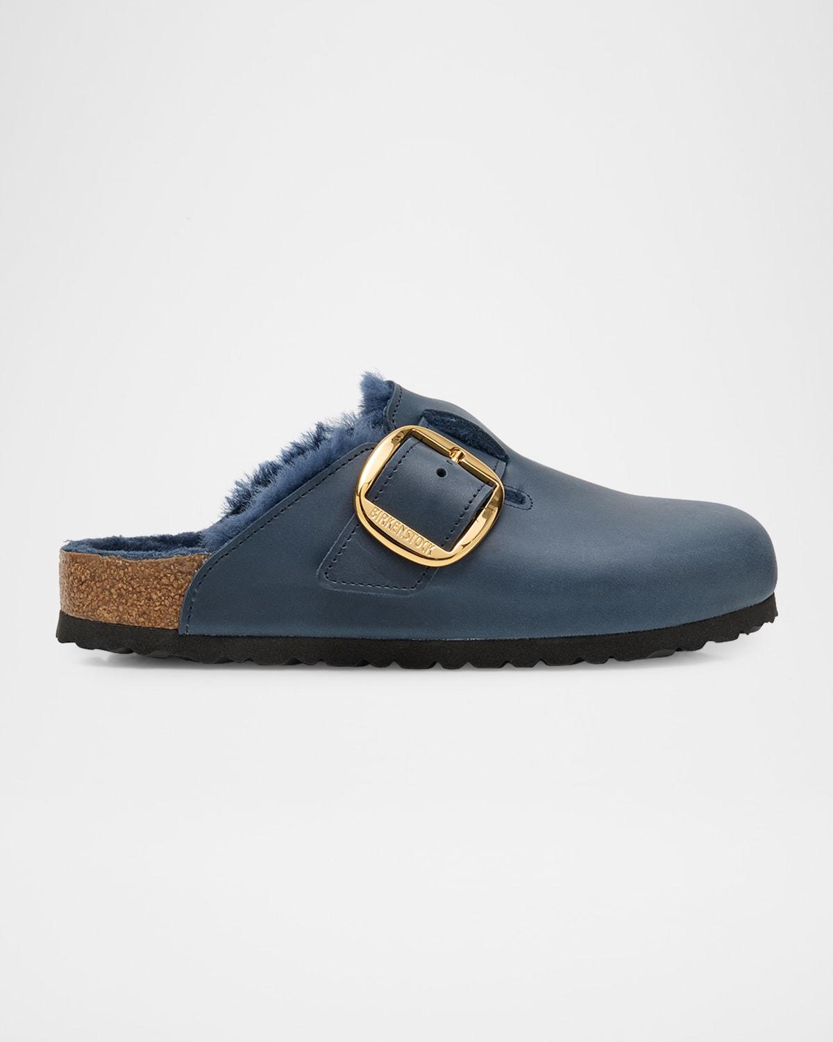 Birkenstock Boston Suede Shearling Buckle Slide Clogs in Blue | Lyst