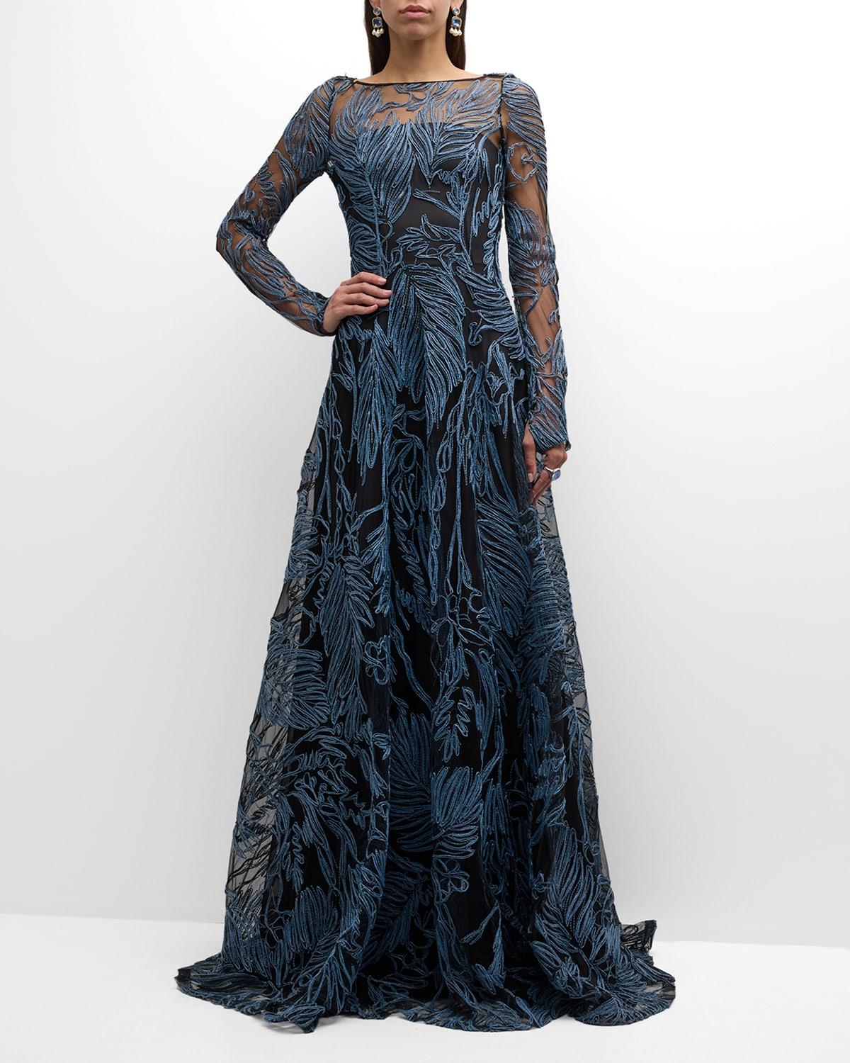 Naeem Khan Raffia Embroidered Gown With Sheer Overlay in Blue | Lyst