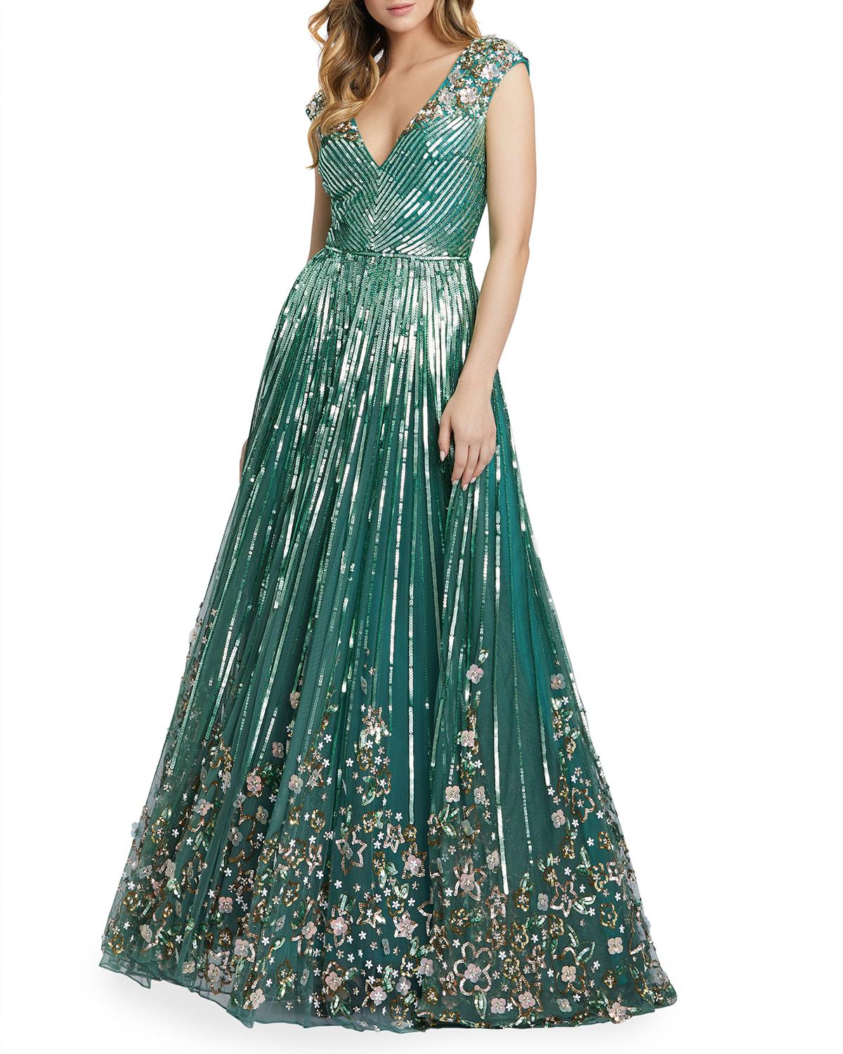 Mac Duggal Cap Sleeve Sequin Starburst A Line Gown In Green Lyst