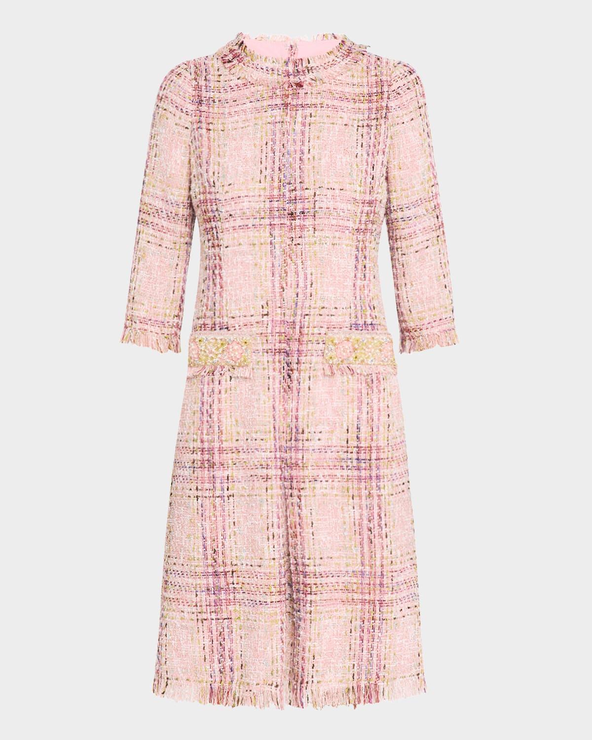 Teri Jon Beaded Fringe-Trim Plaid Tweed Midi Dress in Pink | Lyst