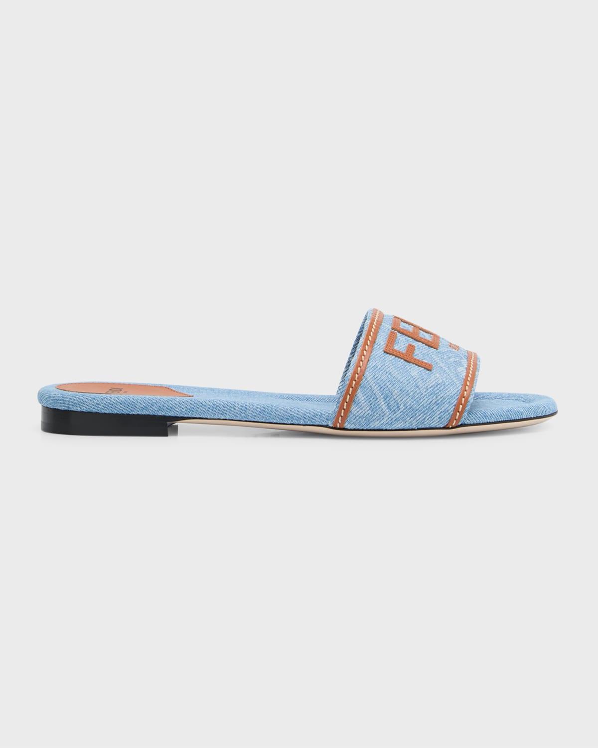 Fendi Denim Logo Slide Sandals in Blue | Lyst