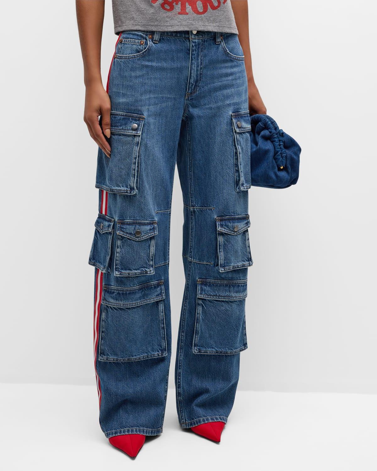 Alice + Olivia Olympia Mid-Rise Baggy Cargo Jeans With Side Stripes in Blue | Lyst