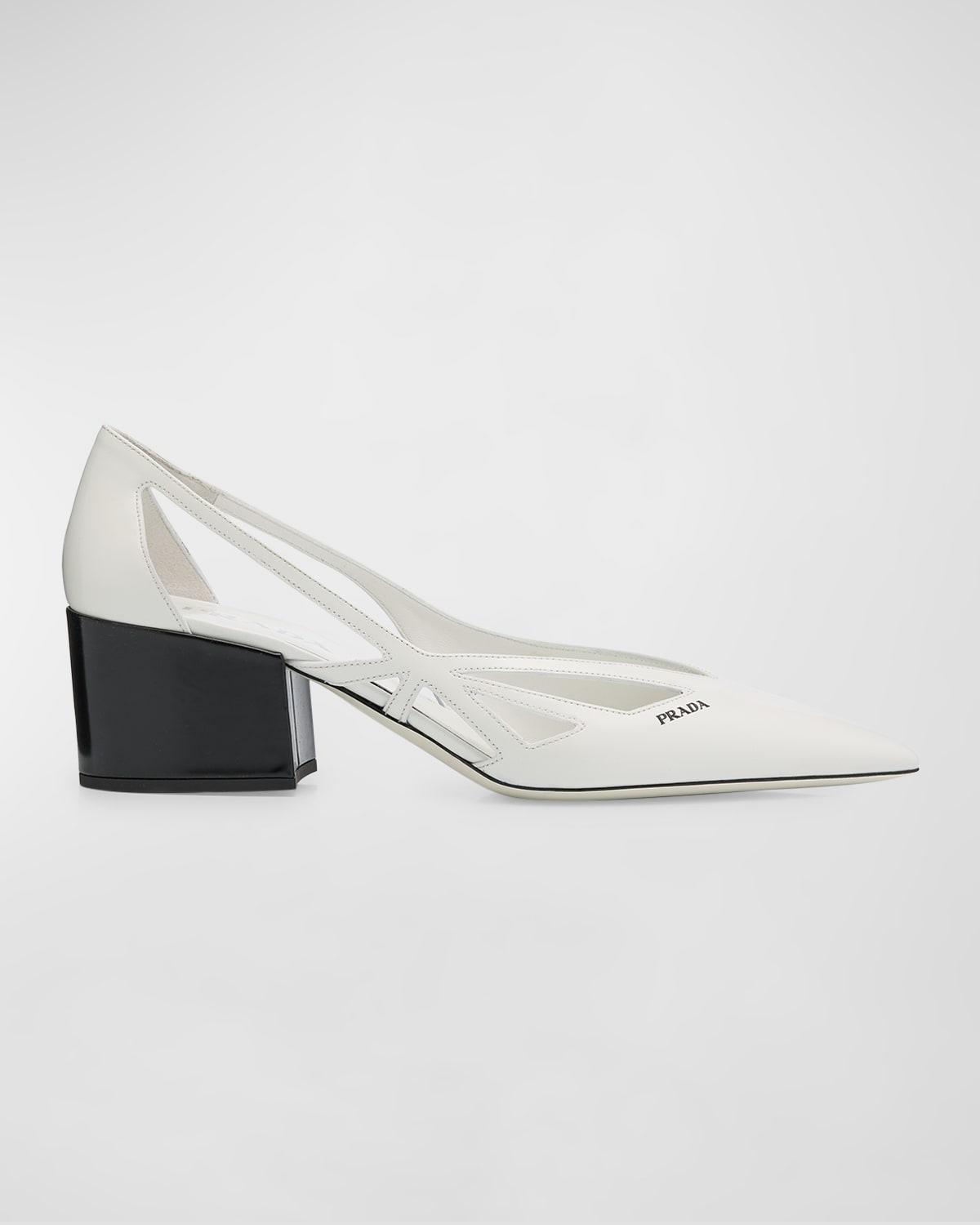 Prada Cutout Leather Block-Heel Pumps in White | Lyst