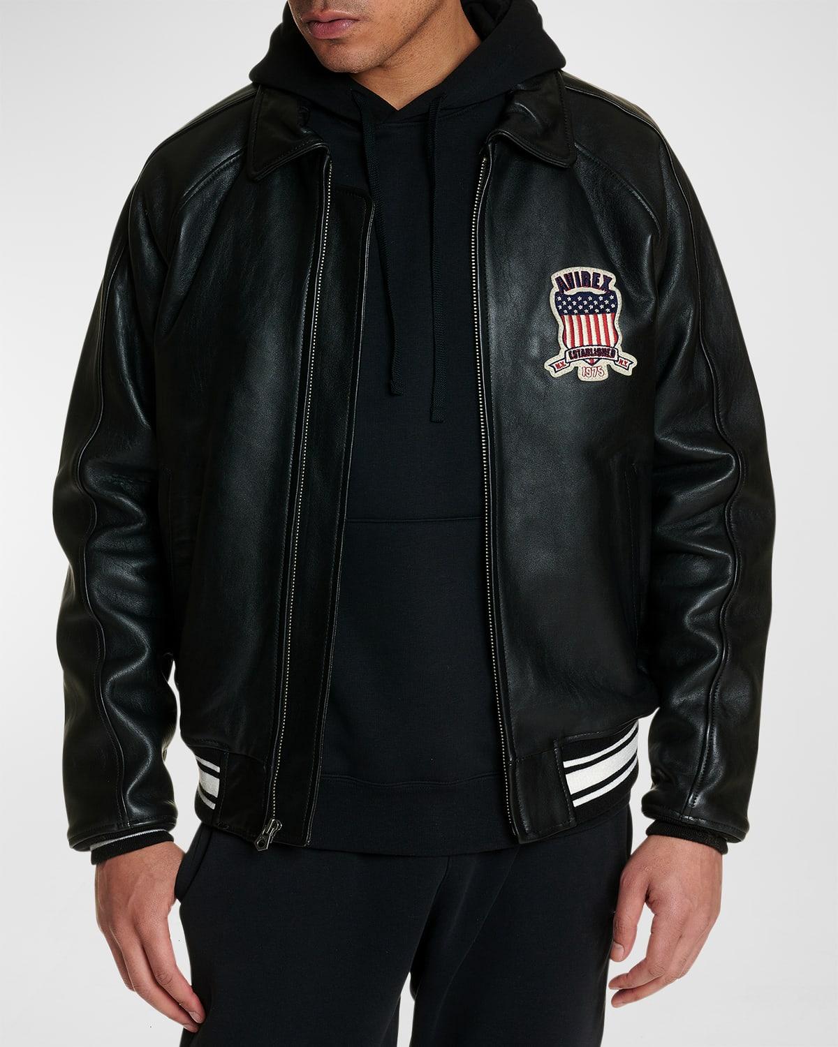 Avirex Icon Logo Leather Bomber Jacket in Black for Men | Lyst
