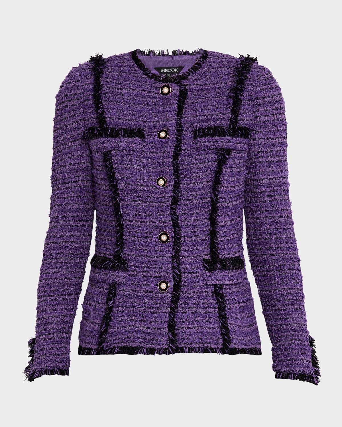 Misook Fringe-Trim Tailored Tweed Knit Jacket in Purple | Lyst
