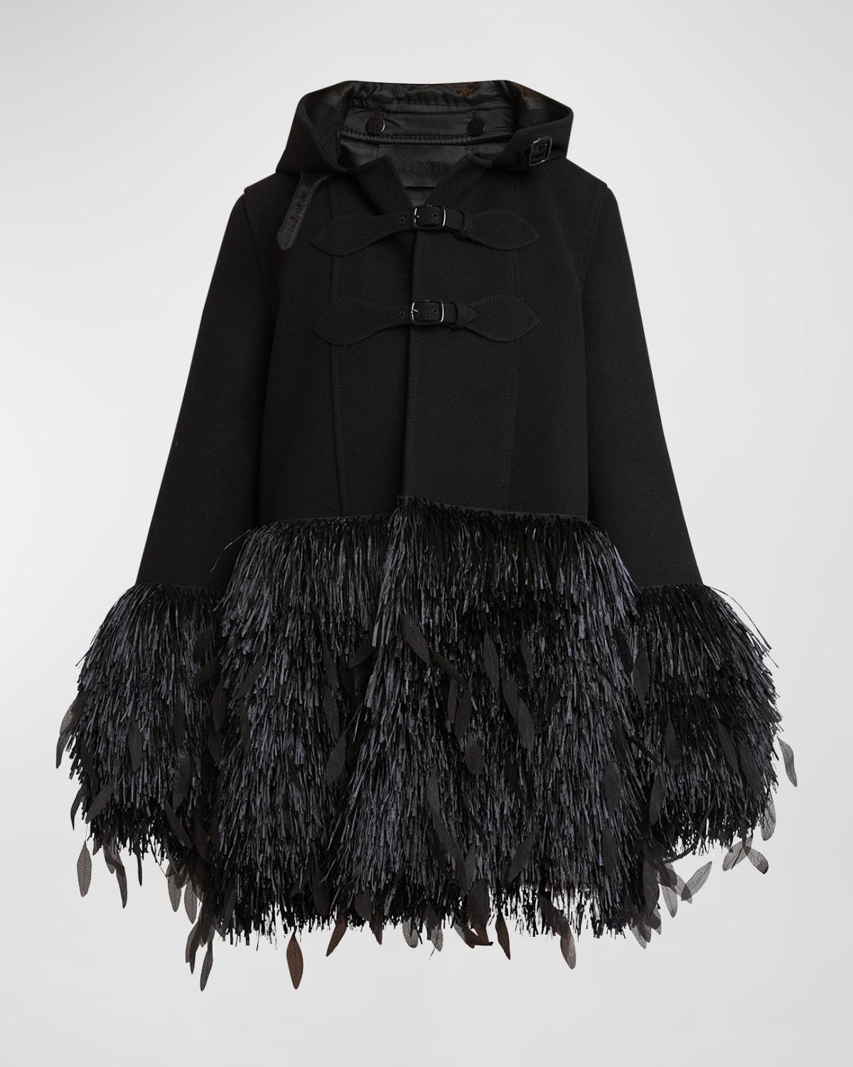 Valentino Garavani Montgomery Raffia Fringe Hooded Wool Coat in Black ...