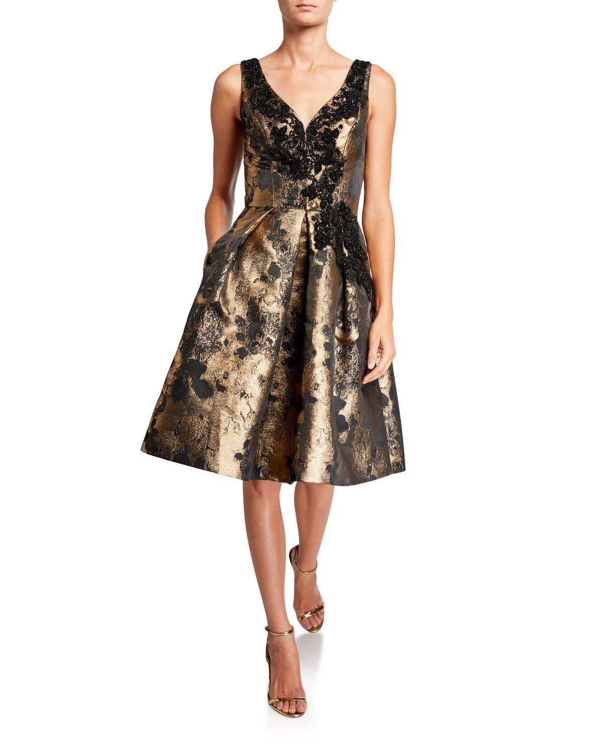 Theia Synthetic V Neck Sleeveless Cocktail Dress With Appliques In Gold
