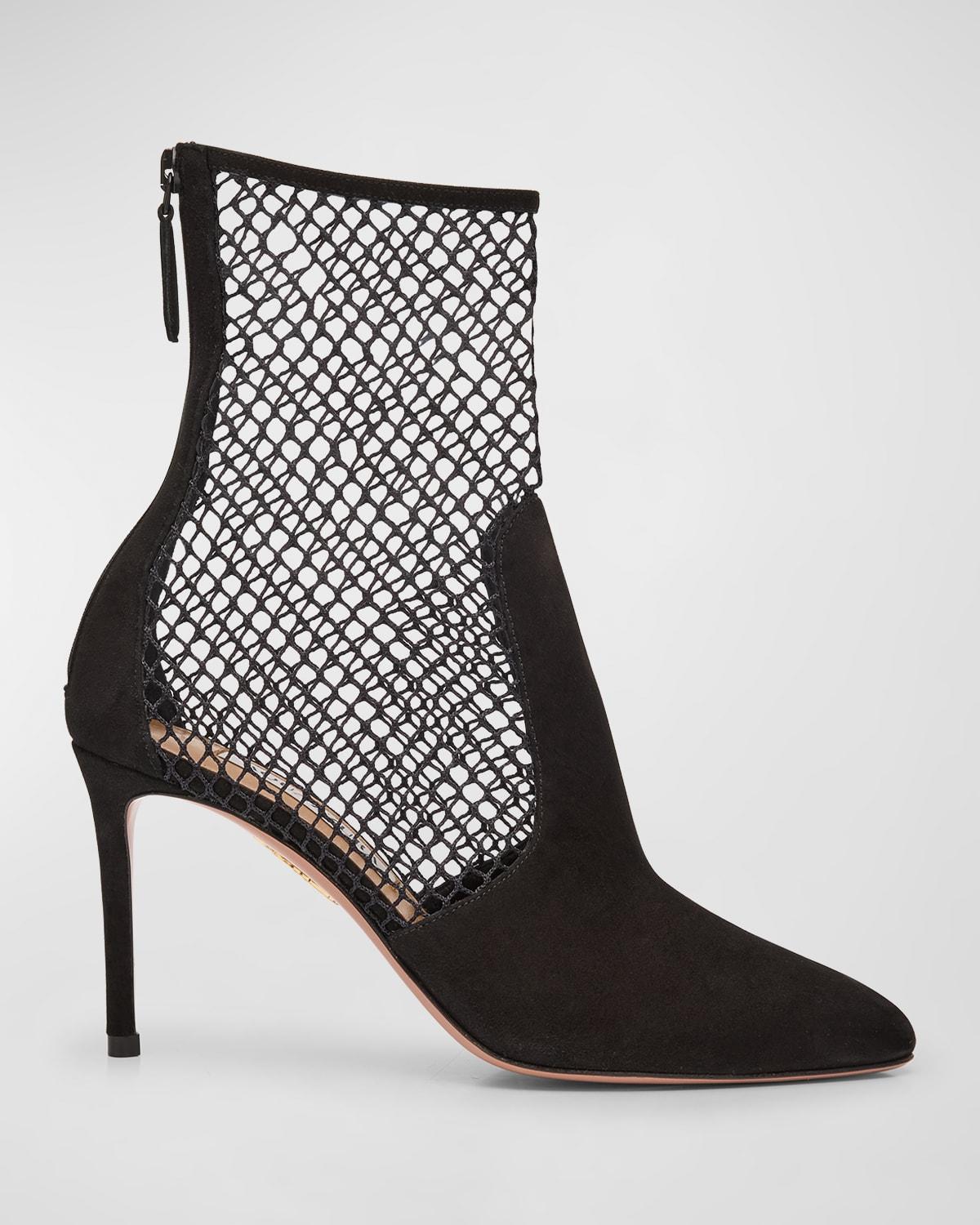 Aquazzura Brera Mesh Suede Stiletto Ankle Booties in Black | Lyst