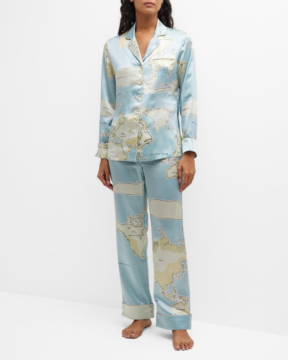 Olivia Von Halle Lila Silk Map Print Pajama Set In Blue Lyst
