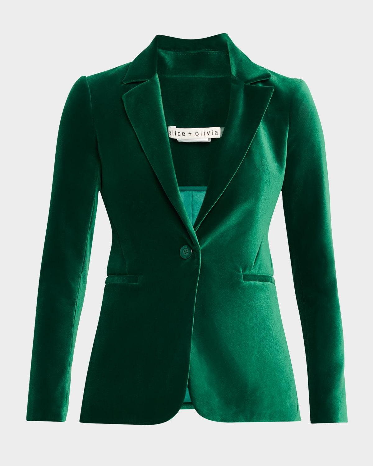 Alice + Olivia Macey Notch-Collar Fitted Velvet Blazer in Green | Lyst