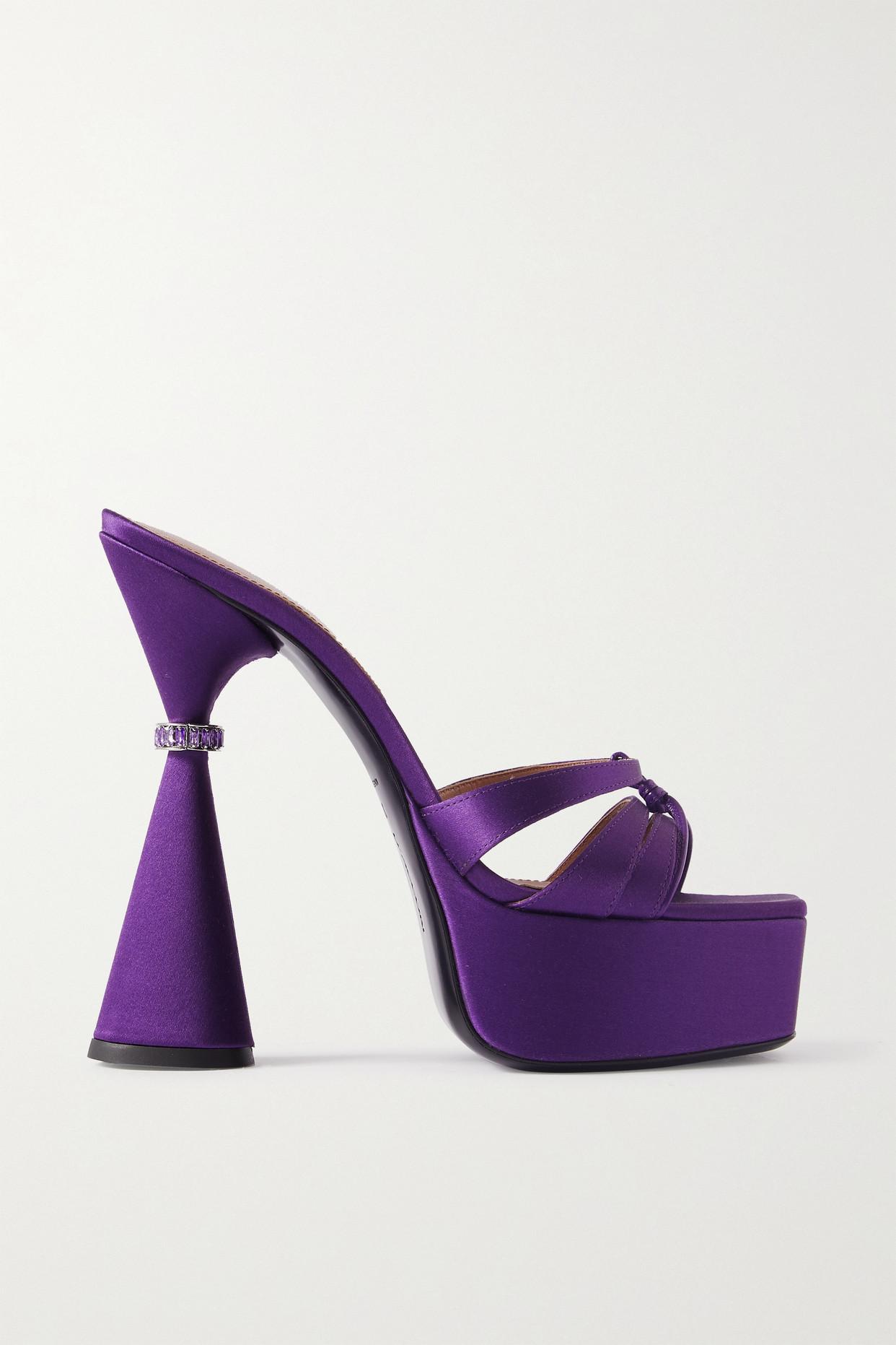 D'Accori Sienna Leather-trimmed Embellished Satin Platform Mules in ...