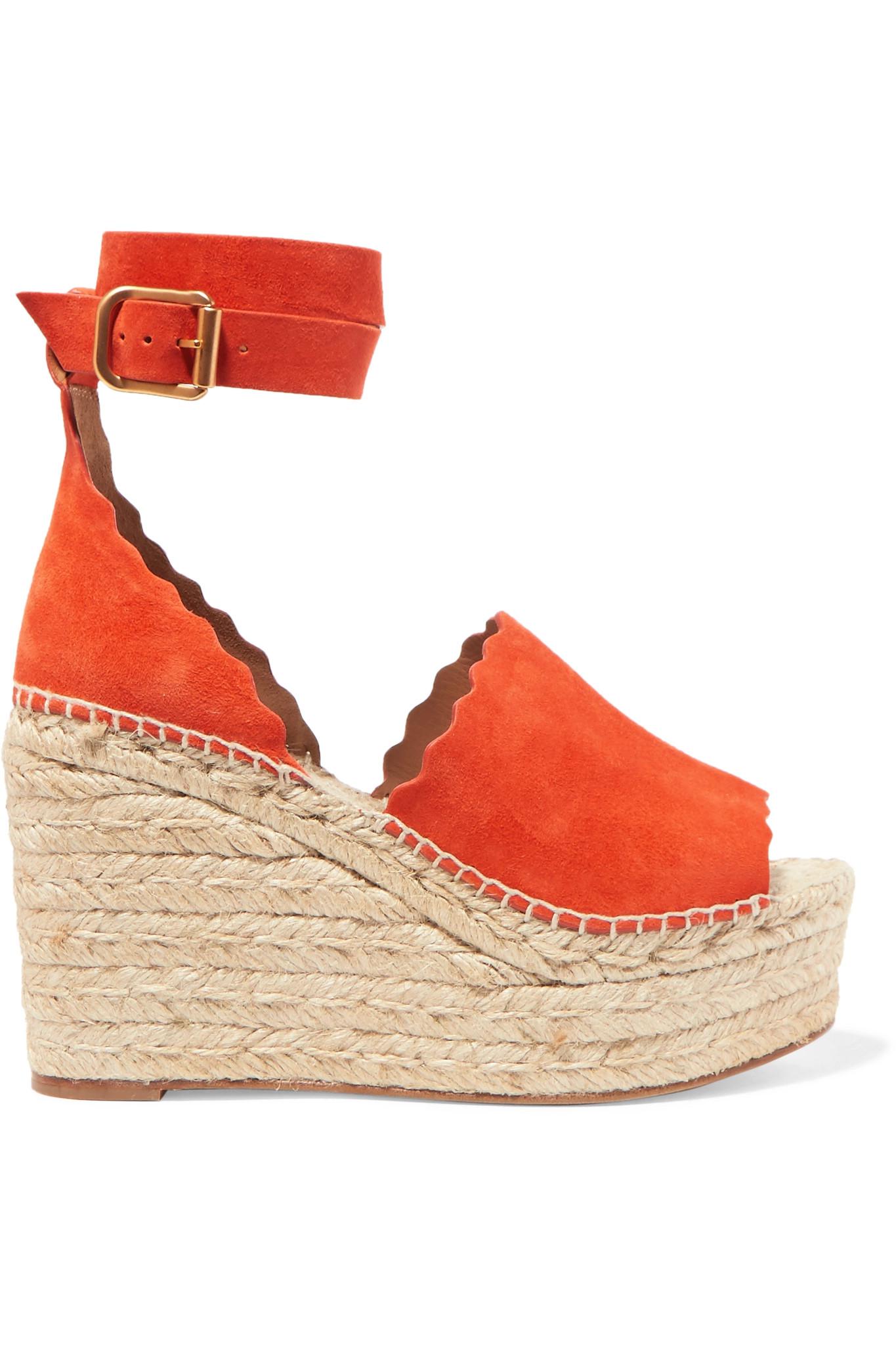 Chloé Lauren Scalloped Suede Espadrille Wedge Sandals in Orange - Lyst Chloé Lauren Scalloped Suede Espadrille Wedge Sandals in Orange - Lyst