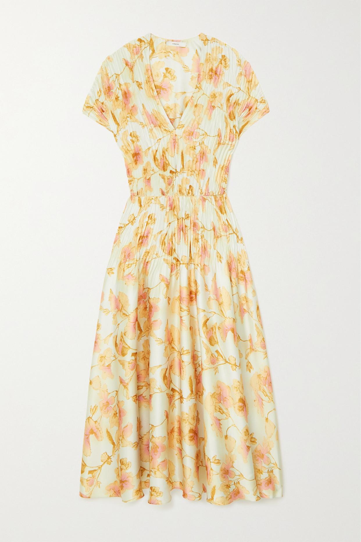 Vince Pleated Floral Print Satin Midi Dress In Metallic Lyst