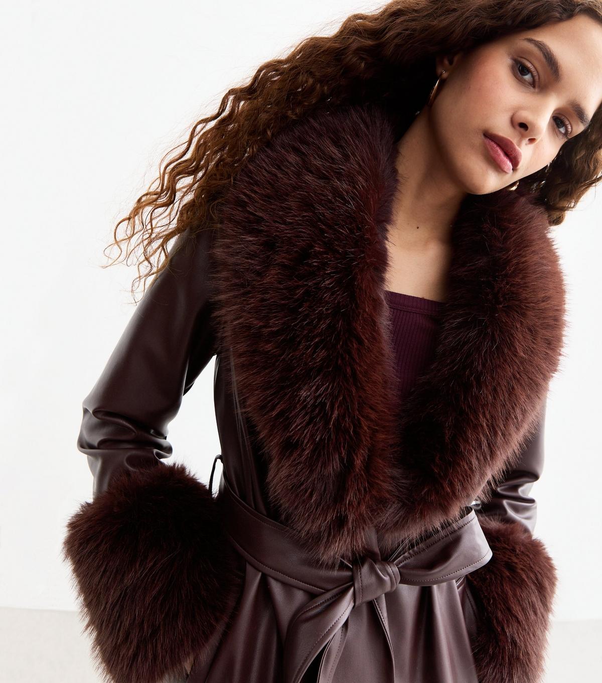 New Look Leather Look Faux Fur Collar Belted Coat in Brown Lyst UK
