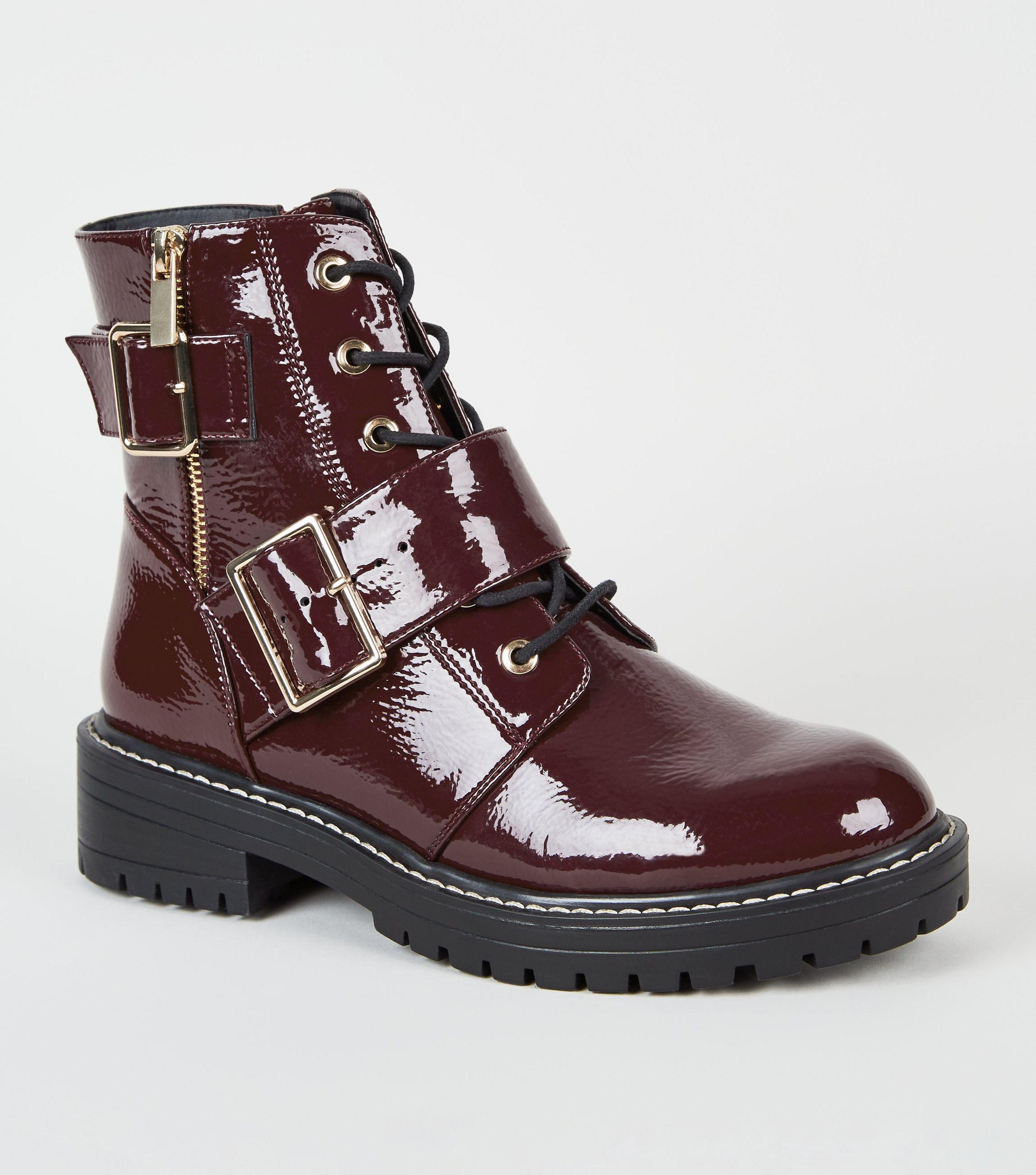New Look Dark Red Patent Lace Up Buckle Boots - Lyst